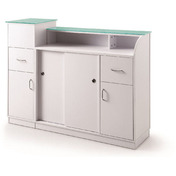 Dallas Reception Desk with Retail Display Case / White with Silver Acc ...