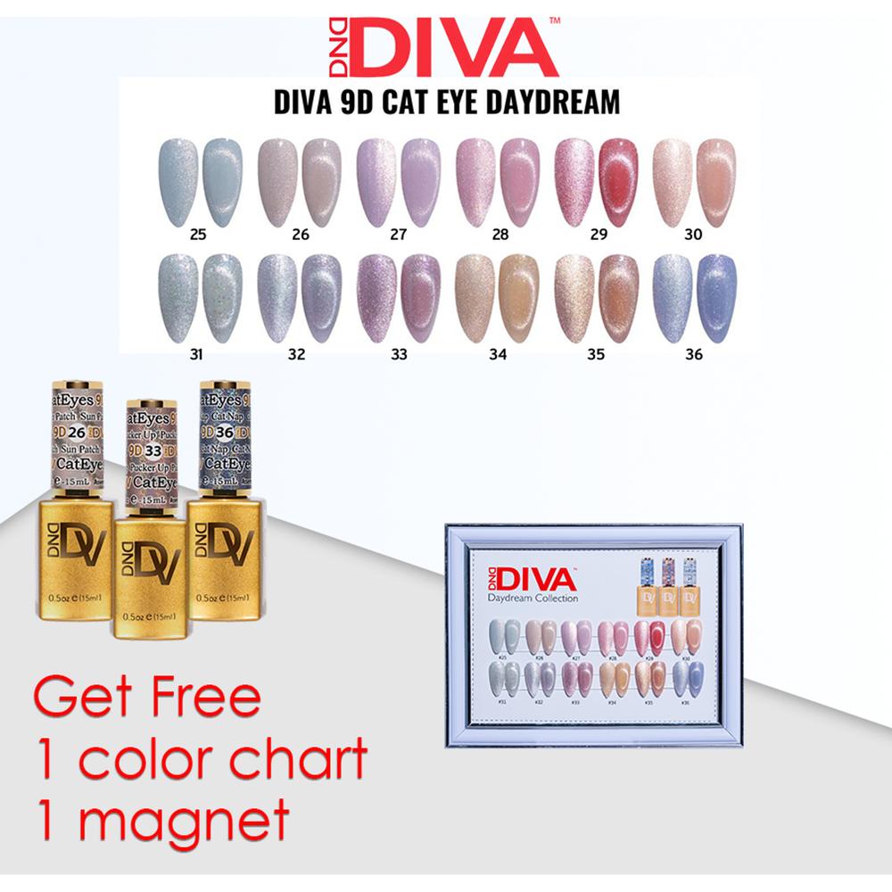 Diva 9D Cat Eye Daydream Gel #25-#36 = 12 Colors, 1 Magnet, 1 Chart ...